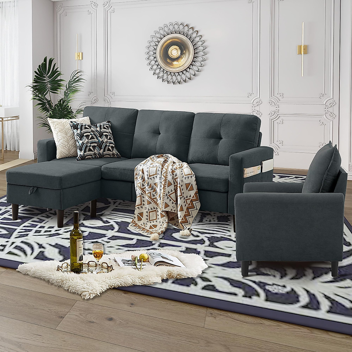 Chireca Convertible Sectional Sofa Set, Small L Shaped 3-Seat Couch with Reversible Chaise and Accent Chair, Modern Polyester Sofas Couches for Living Room, Dark Grey