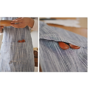 BBYBBS Linen Pinafore Apron Japan Style Mediumweight Japanese Apron Cross Apron No Tie Apron Double Front Large Size Pockets Halter Cross Bandage Aprons (blue)