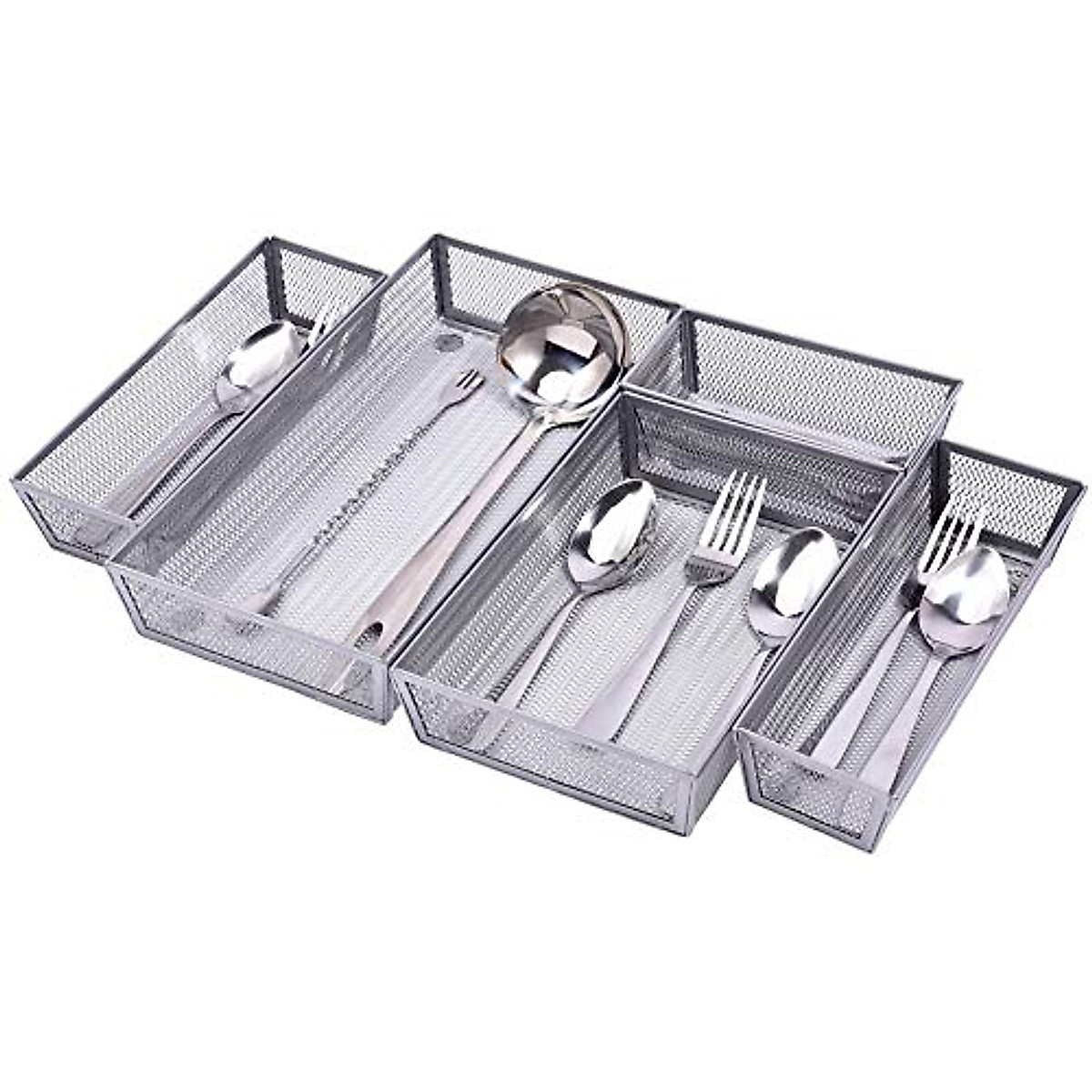 ANEWNICE Lovewud Flatware Drawer Organizer Tray, Metal Mesh Silverware Utensil Drawer Tray Kitchen Cutlery Organizer with Anti-Slip Feet, Set of 5