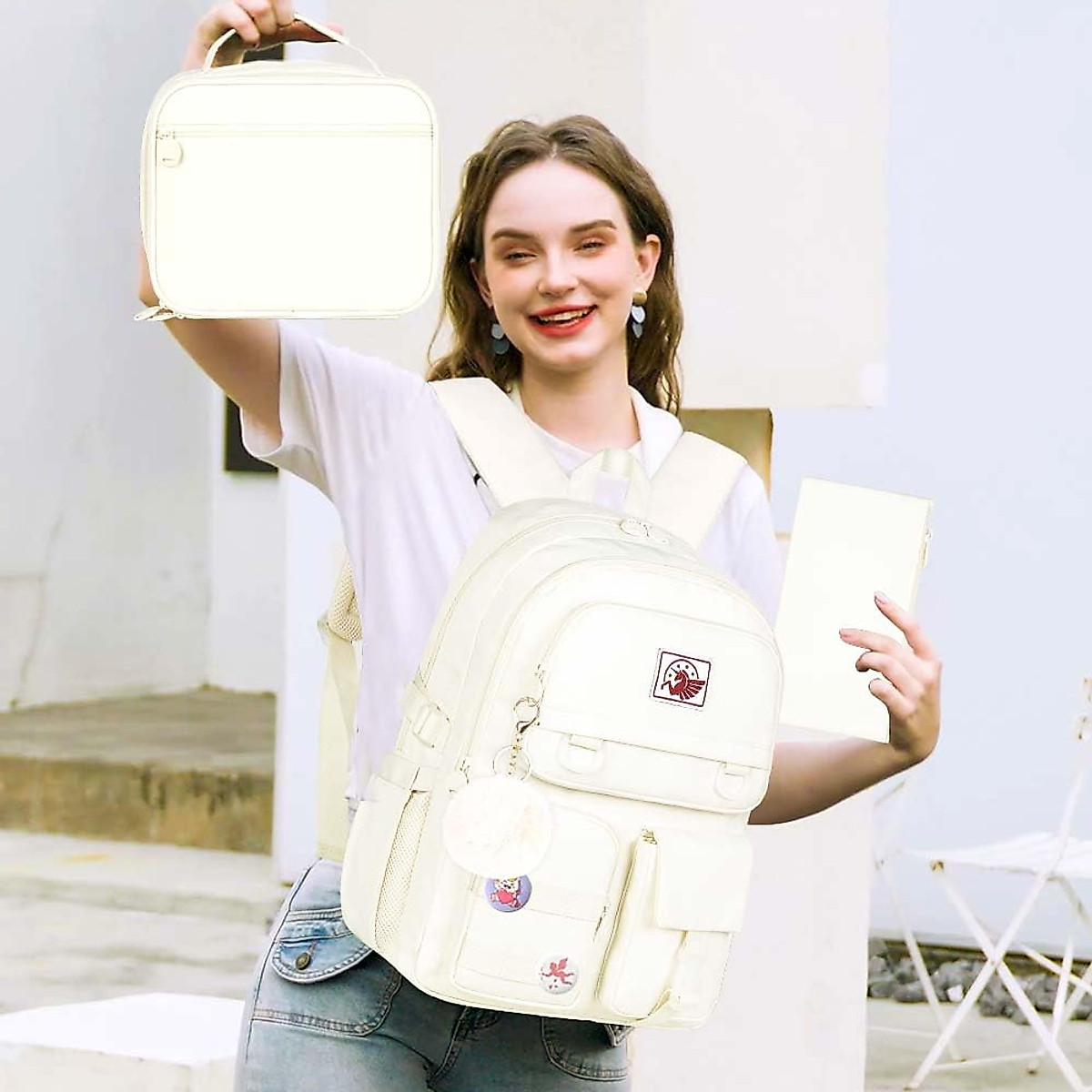 3PCS Laptop Backpack for Girls, Women College School Bookbag, 15.6" Cute Aesthetic Computer Water Resistant Anti Theft School Bags for Teens Girls Students - Grey