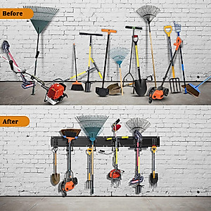 foriy Garage Clamping Garden Tool organizer Tool Storage Rack with 6 Hooks Wall Mount Tool Storage Hook Heavy Duty Garden Tool Hanger Rack for Ski Gears, Chair, Broom, Mop, Rake Shovel Yard Tools