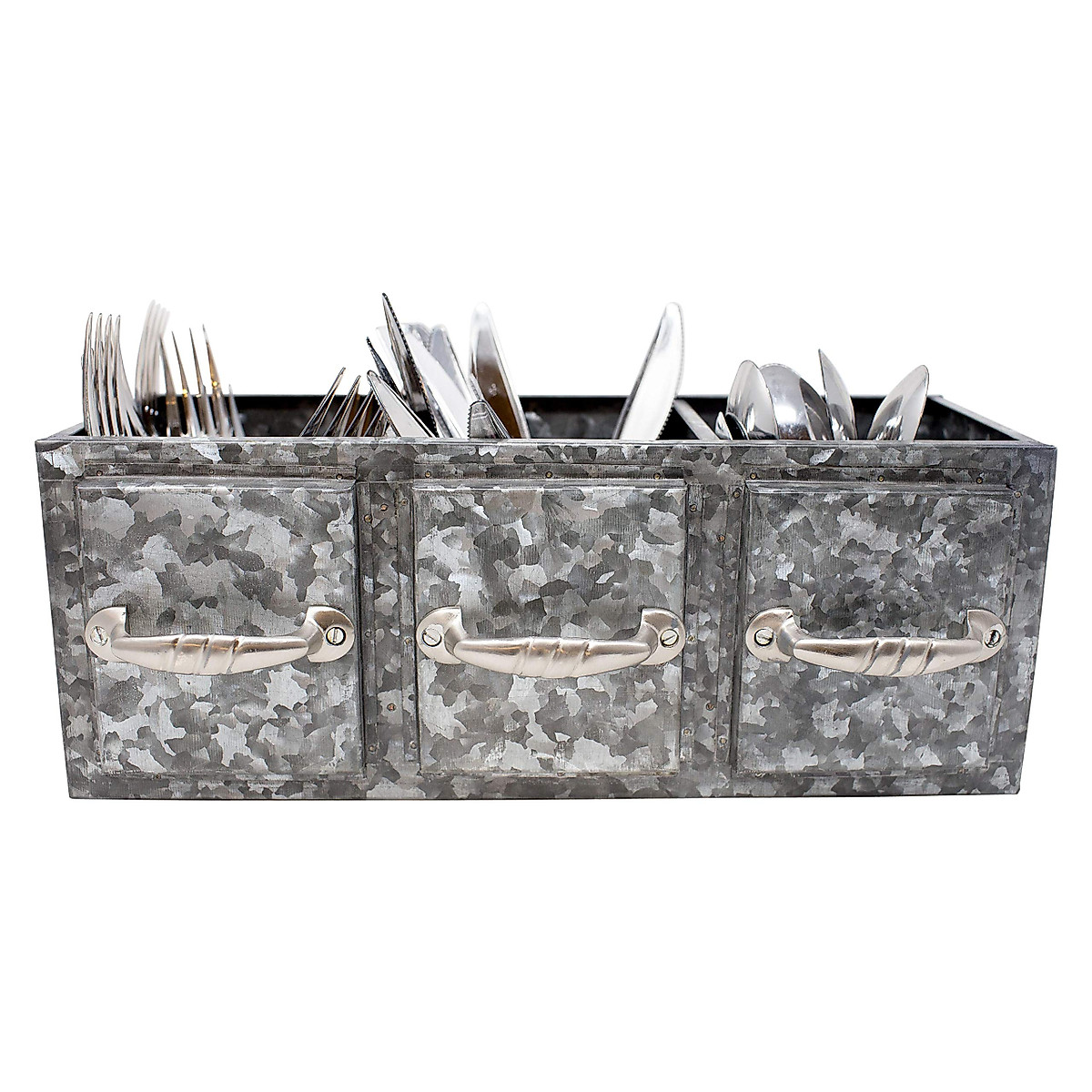 Boston Warehouse Drawer Handle Flatware Storage Caddy, 3 section, Galvanized