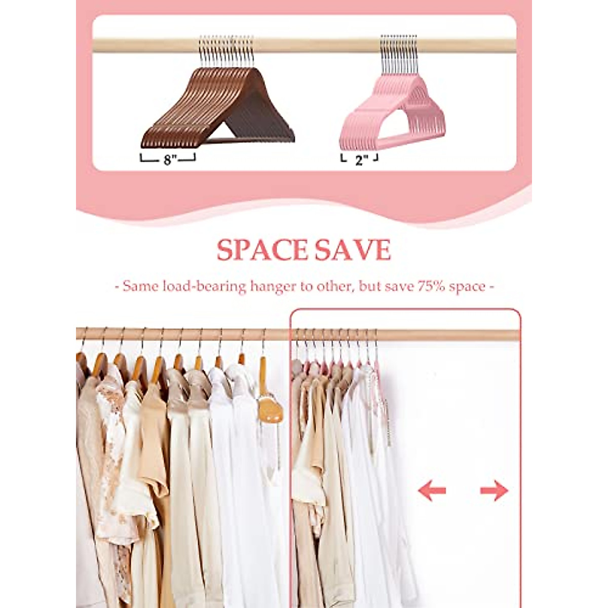 HOUSE DAY Velvet Hangers with Tie Bar 20 Pack Pink, Clothes Hangers Non-Slip, Space Saving Felt Hangers for Pants, Coat, Suits, Shirt, Scarf, No Hanger Marks