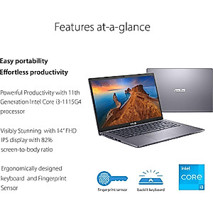 ASUS 14" VivoBook Laptop with Fingerprint Reader & Backlit Keyboard, FHD Display, Intel Core i3-1115G4, 12GB RAM, 512GB SSD, Webcam, HDMI, USB-C, Wi-Fi 5, Windows 11 Home, Grey
