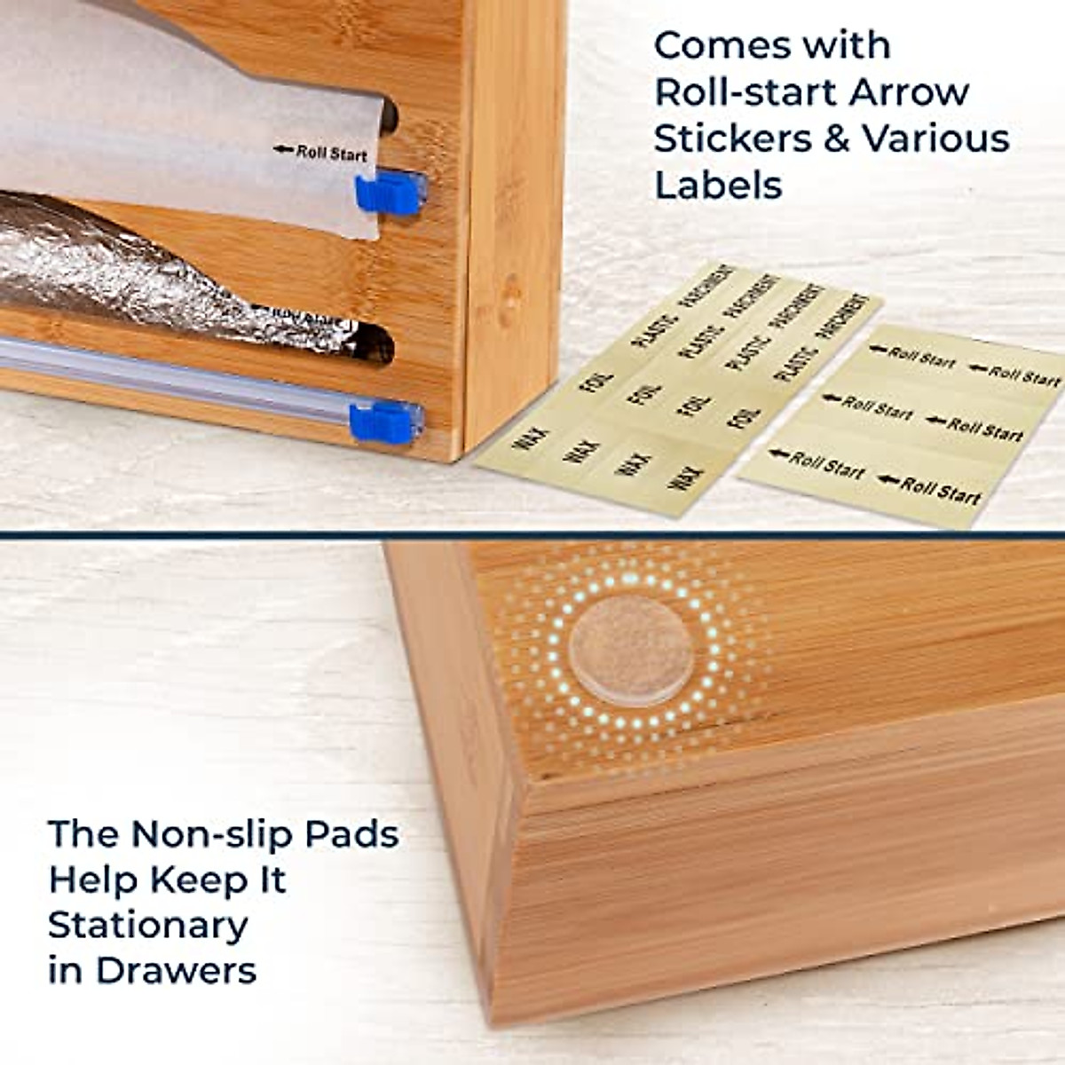 Foil Organizer for Drawer 15"- Long Bamboo Foil and Plastic Wrap Organizer, 3.8" tall 3 in 1 Wrap Dispenser with Cutter for Plastic Wrap, Tin Foil, Wax Paper up to 250 FT, Parchment Paper Up to 200 FT