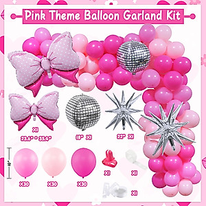 Hot Pink Girl Birthday Party Decorations, Pink Disco Ball Bow Princess Balloon Arch, Pink Happy Birthday Banner, Hanging Swirls, Cake Toppers for Princess Birthday Baby Shower Bachelorette Party Decor