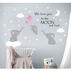 Family Elephant Wall Decal Baby Nursery Decor Kids Room Wall Stickers Large Cute Lovely Elephant Decals with Moon Stars Quote Home Decorations Love You to The Moon and Back 60''W x48''H