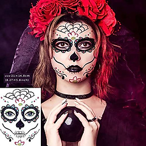 20 Sheets Day of the Dead Face Sugar Skull Tattoos,Including 8 Large Sheets Halloween Temporary Face Tattoos, Halloween Sugar Skull Face Tattoos