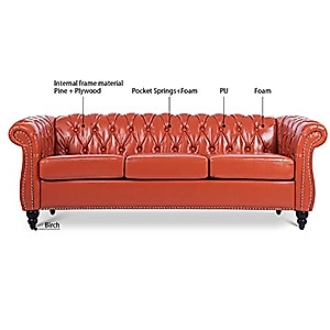 HoRunzelin Chesterfield Luxury PU Leather 3 Seater Sofa Couch,Classic Tufted Button and Nailhead Rolled Arm for Office Living Room,Orange