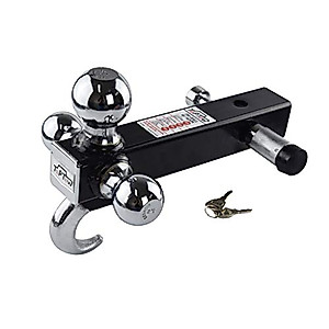 TOPTOW 64180L Trailer Receiver Hitch Triple Ball Mount with Hook, Fits for 2 inch Receiver, Chrome Balls, 2 inch Shank, with 5/8 inch Lock