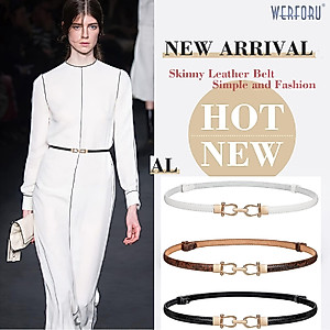 WERFORU Women 3 Pack Skinny Belt for Dress,Thin Waist Belt - Adjustable Leather Belt with Gold Buckle, A-DarkBlack+Brown+White, Fit Waist Size below 37 Inches-