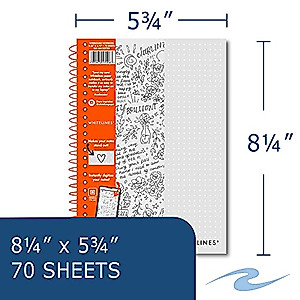 ROARING SPRING Whitelines Dot Ruled Spiral Bullet Journal, Digitally Download Your Notes, FREE App, 8.25" x 5.75" 70 Sheets