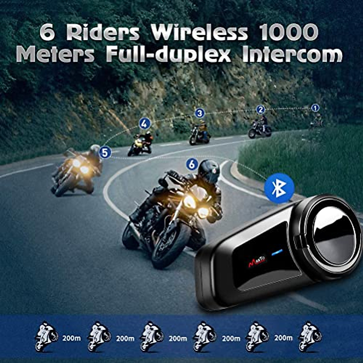 QSPORTPEAK Motorcycle Helmet Bluetooth Intercom Headset Communication Systems Kit, M2 Full Duplex 6 Riders Group Helmet Intercom/FM Radio/Voice Prompt/MP3/GPS Connective/Range 1000m/IP67 Waterproof