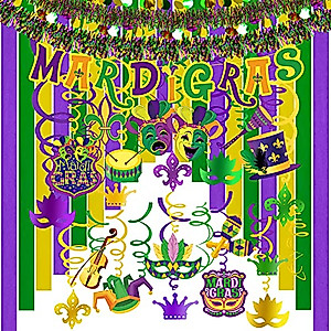 38 Pcs Mardi Gras Party Swirls Hanging Foil Swirl Streamers with Mardi Gras Banner Tinsel Garland Crepe Paper Streamers for Mardi Gras New Orleans Bachelorette Birthday Ceiling Backdrop Decoration