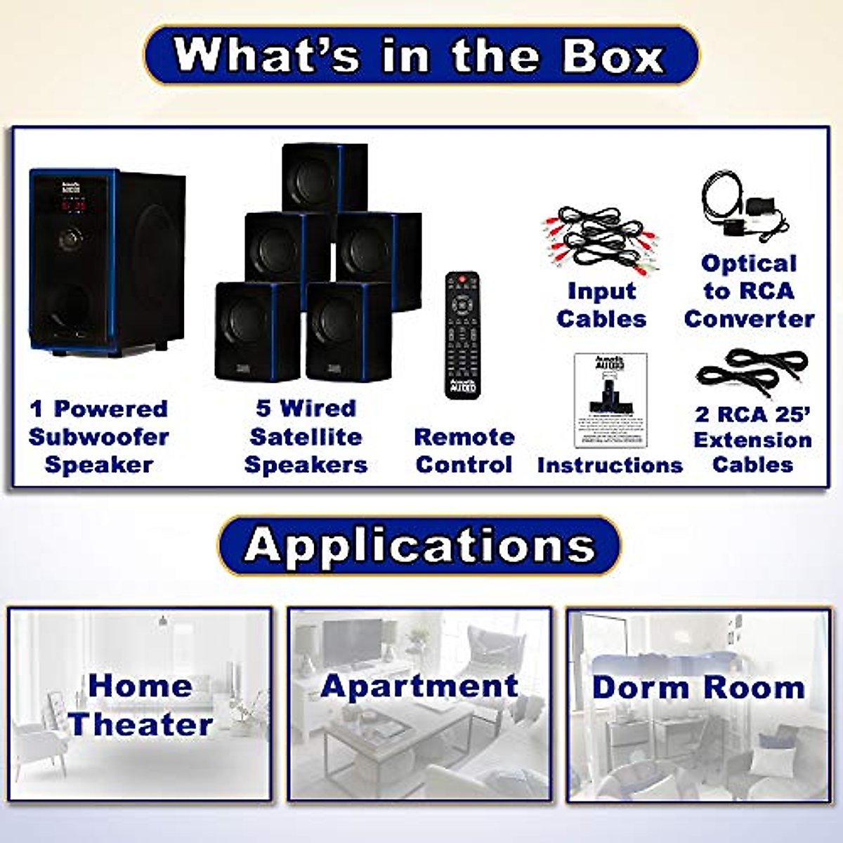Acoustic Audio AA5102 Bluetooth 5.1 Speaker System with Optical Input and 2 Extension Cables