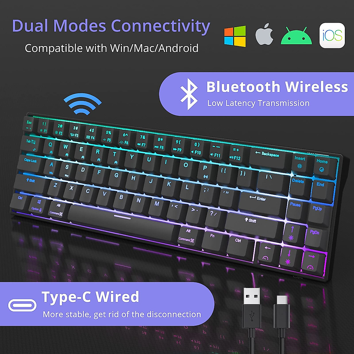 RK ROYAL KLUDGE RK71 Wireless/Wired Mechanical Keyboard and 7200 DPI Gaming Mouse, 71 Keys RGB Red Switch Hot Swappable Compact Gaming Keyboard for Win/Mac