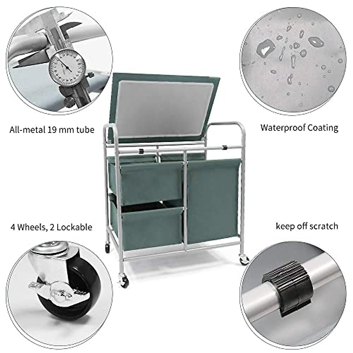JEFEE Rolling Laundry Sorter Cart Heavy Duty 3 Bags Laundry Hamper Sorter Cart with Ironing Board Removable Bags for Dirty Clothes Storage 26"Lx 16.5"Wx 29"H Blue Grey………