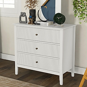 RoyalCraft White Fluted 3 Drawer Dresser for Bedroom, Wide Chest of Drawers for Closet, Modern Wood Dresser Wide Nightstand Cabinet for Living Room