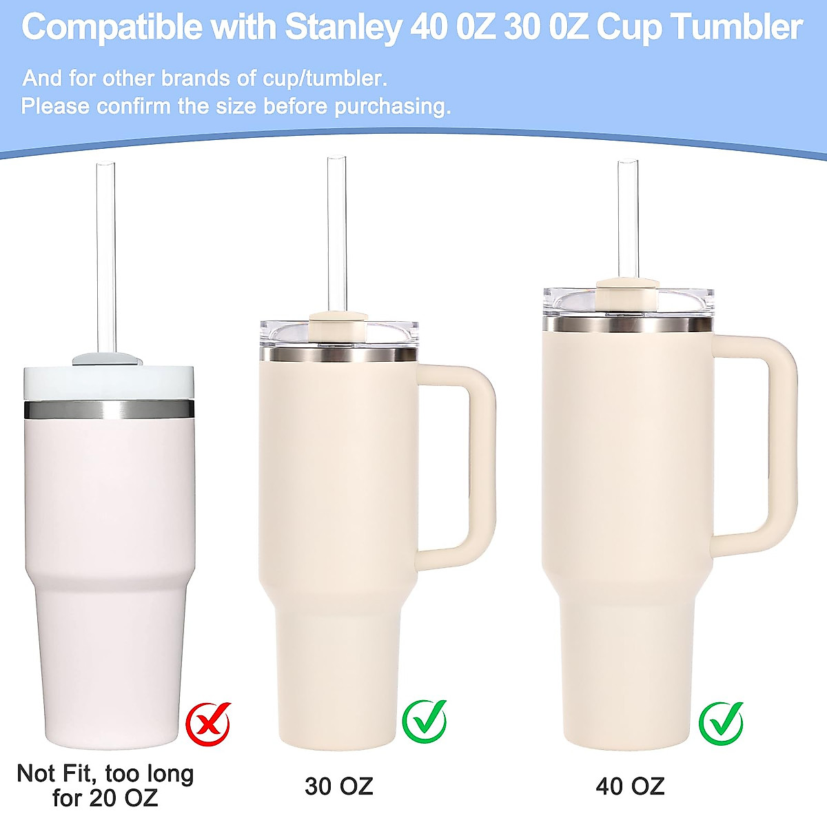 [12 Pcs] Replacement Glass Straws for Stanley - Compatible with Stanley 40 oz 30 oz Cup Tumbler,12" x 10mm Reusable Clear Glass Straw with 2 Cleaning Brush for Stanley Cup Accessories