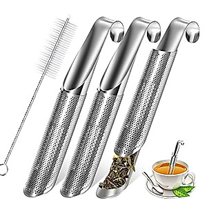 3 Pcs Tea Infuser and 1 Brush, Stainless Steel Tea Infuser Stick Pipe Tea Infuser for Loose Tea Leaf, Tea Infusers Pen with Hook