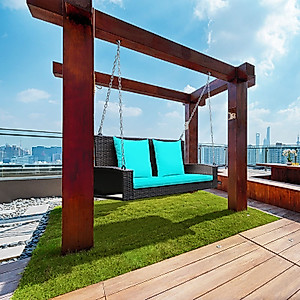 Tangkula 2-Person Wicker Hanging Porch Swing, Patiojoy Outdoor Rattan Swing Bench W/ 2 Back Cushions & 1 Seat Cushion, Sturdy Steel Chain, 800lbs Weight Capacity, Suitable for Deck, Backyard, Garden