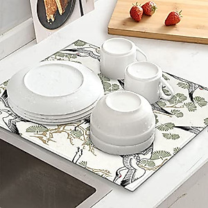 Japanese Crane & Pine Printed Drying Mat For Kitchen Ultra Absorbent Microfiber Dishes Drainer Mats Non-Slip Silicone Quick Dry Pad - 18 X 16inch