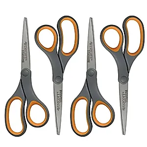 Westcott Titanium Bonded Scissors, Soft Handle, 8", Straight, Gray/Yellow, 4-Pack