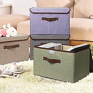 UUJOLY Large Storage Bins Linen Fabric Foldable Basket Cubes Organizer Storage Box Drawer with Lid and Handles for Home, Office, Closet, Bedroom, Nursery（(Green-2pcs)）