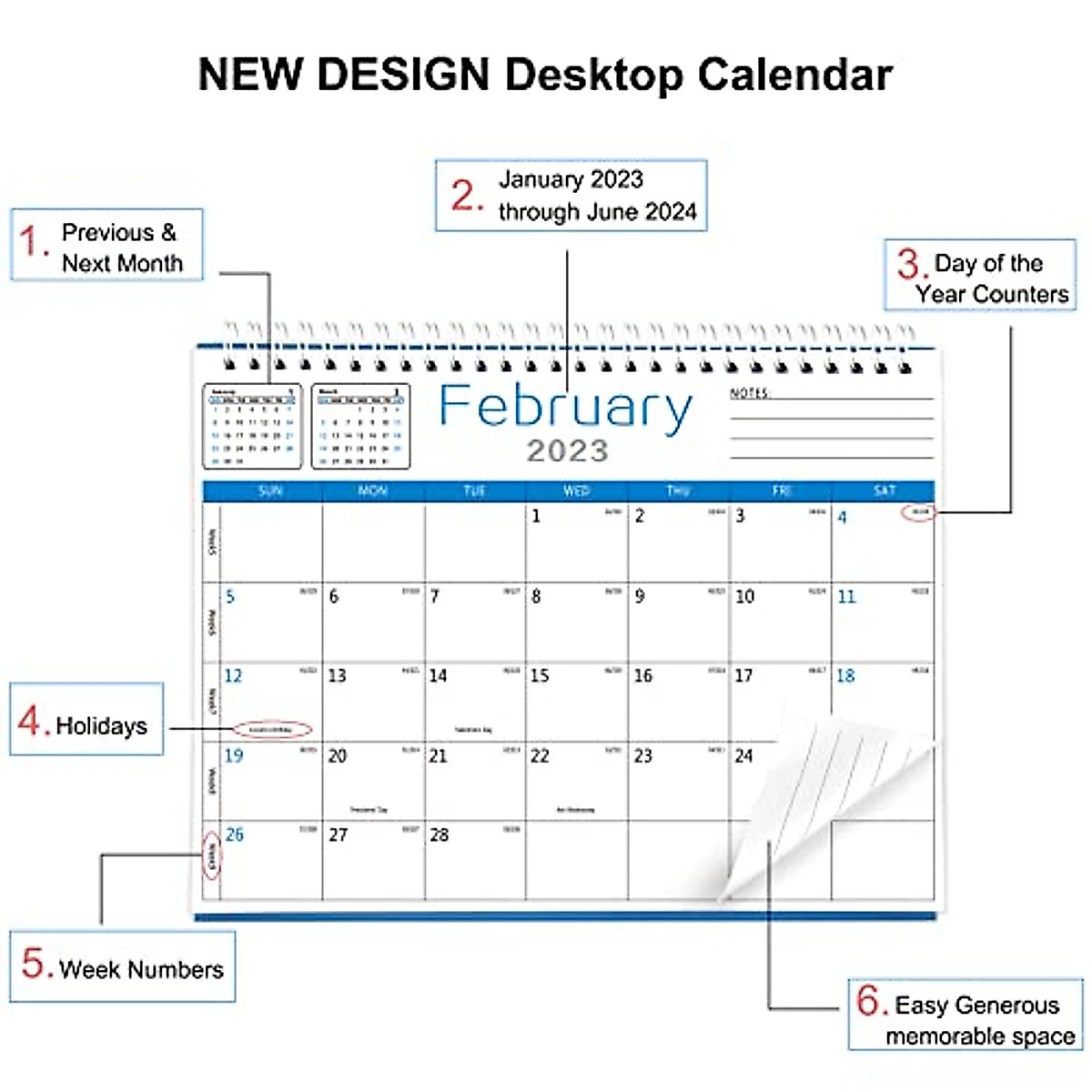 BHR Desk Calendar 2023-2024,Monthly Desk Calendar from January 2023-June 2024,10"×8" Standing Flip Desktop Calendar with Strong Twin-Wire Binding,Thick Paper and Writing Blocks for New Year and Christmas Gifts