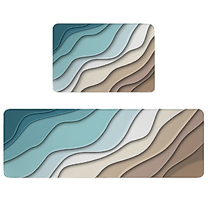 Debedcor Geometric Teal Kitchen Rugs and Mats Set of 2, Brown Cream Aesthetic Non-Skid Bathroom Rugs, Kitchen Runner Turquoise Ombre Rug Floor Mat for Sink/Laundry Room/Office, 15.7"x23.6"+15.7"x47.2"