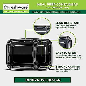 Freshware Meal Prep Containers [50 Pack] 2 Compartment with Lids, Food Storage Containers, Bento Box, BPA Free, Stackable, Microwave/Dishwasher/Freezer Safe (28 oz)