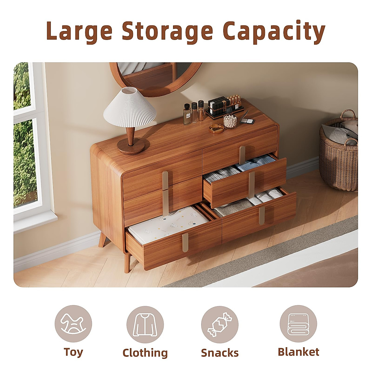 JOINICE,Mid Century Modern Dresser,6 Drawer Dresser with Storage,Chest of Drawers with Metal Handle,Dresser TV Stand,Large Wood Drawer Organizer for Bedroom,Living Room,Hallway,Cherry