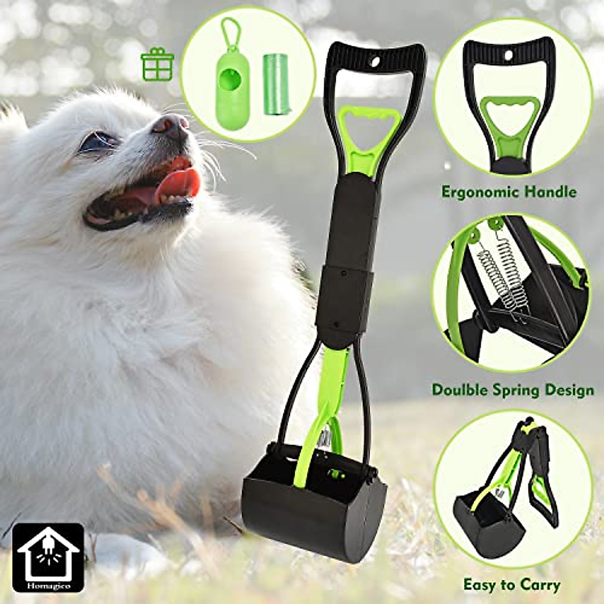 HOMAGICO Pooper Scooper, Portable Dog Pooper Scooper with Long Handle, Foldable Pooper Scooper for Large Medium Dogs with Bag Attachment, Easy to Use Perfect for Grass, Dirt, Gravel (Green)