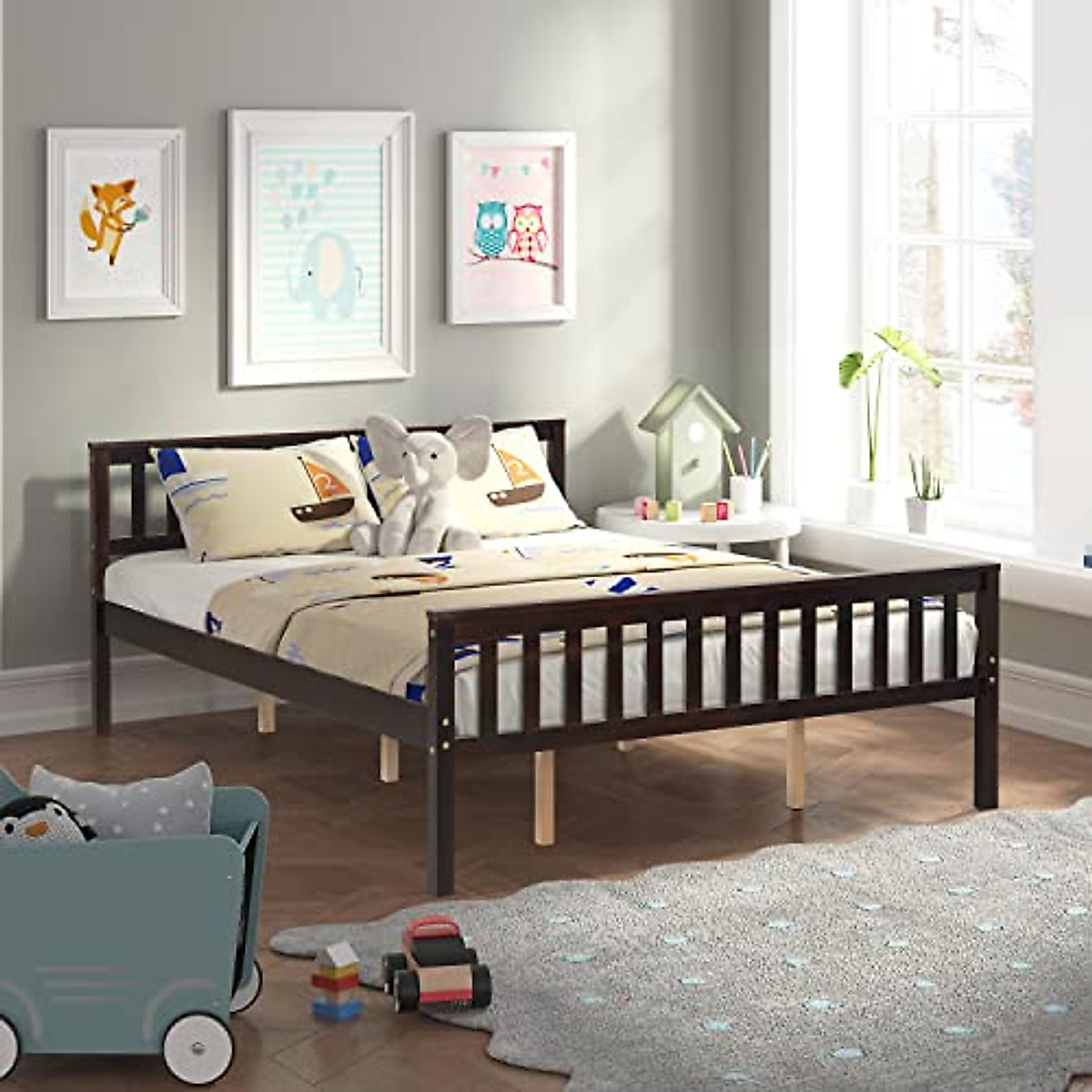 Prohon Queen Size Bed Frame with Vertical Openwork Design Headboard & Footboard, Wooden Platform Bed with Large Underbed Storage Space, Simple Style Bedframe, No Box Spring Needed, Espresso