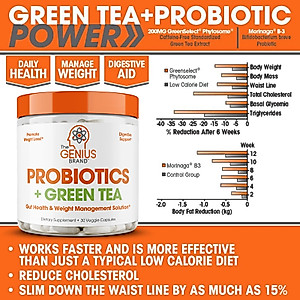 Genius Probiotics for Weight Loss with Green Tea Extract - Fat Burner Supplement & Digestive Health Pills for Bloating Relief for Women & Men - Shelf Stable Probiotic Metabolism Booster - 30 Servings