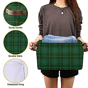 Kigai Collapsible Storage Basket with Handles, Dark Green Tartan Plaid Canvas Fabric Storage Bins Toys Clothes Organizer for Bedroom, Nursery, Shelves, Closets (1PACK)