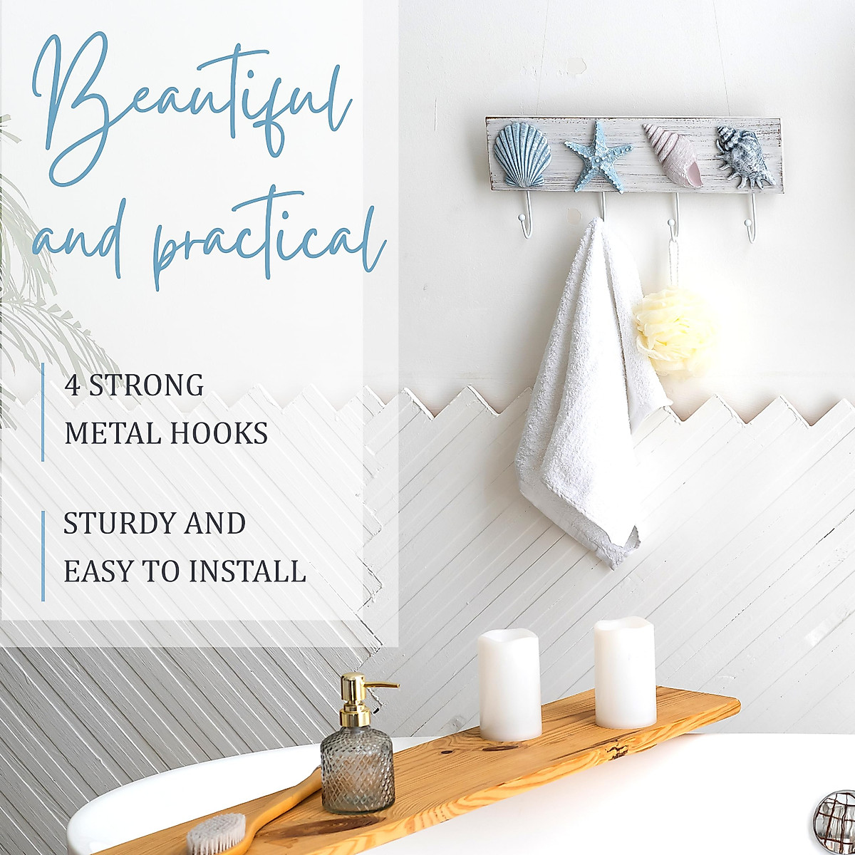 TideAndTales Beach Bathroom Decor 3D Seashell Wall Hooks Towel Rack for Coastal Bathroom, Bedroom or Kitchen - Shells and Starfish Beach Decorations for Home - Ocean Theme Beach House Decor
