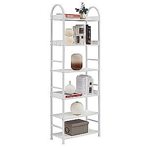 DHAEY 70.8 Inch Tall Bookshelf,6-Tier Bookcase Shelf with Round Top and Hooks,Metal Book Shelf Display Shelf Storage Organizer with MDF Boards & Adjustable Foot Pads for Office Small Space,White
