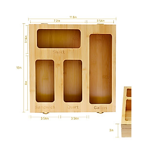 Ziplock Bag Organizer: 100% Bamboo Organizer Plastic Food Storage Bags Holder Dispenser Kitchen Wrap Dock Baggie Container Organizer for Gallon Snack Sandwich Quart Zip Lock Bags
