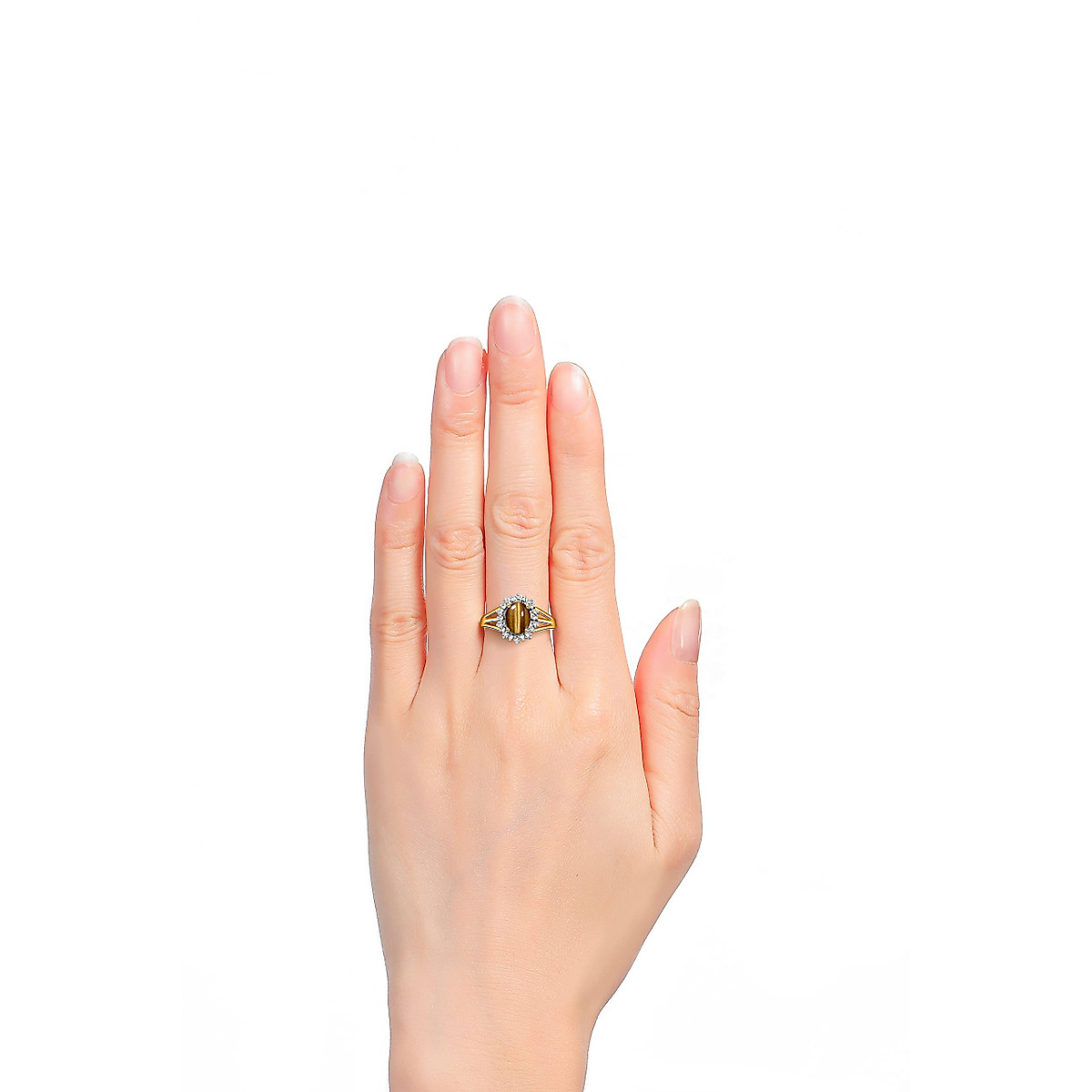 RYLOS Rings for Women 14K Gold Plated Silver Ring Princess Diana Inspired 9X7MM Gemstone & Halo of Diamonds Tiger Eye Jewelry for Women Size 10