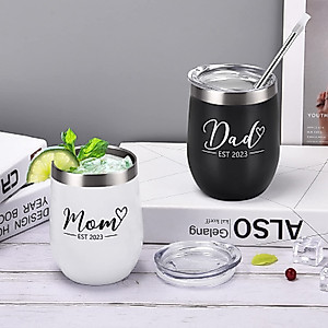 Homlouue New Parents Gift, Mom Dad Est 2023 Wine Tumbler Set for New Mom Dad Baby Shower New Pregnancy Baby Announcement, 12 Oz Insulated Stainless Steel Wine Tumbler, Set of 2, Black and White