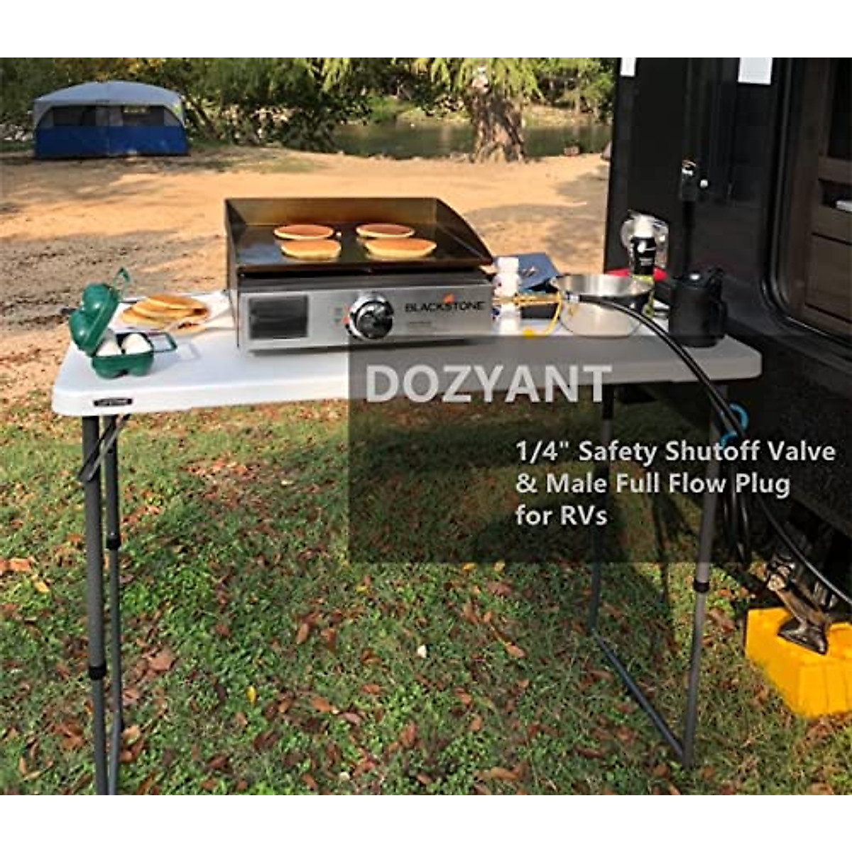 DOZYANT 12 feet Low Pressure Propane Quick-Connect Hose, RV Quick Connect Propane Hose, Quick Disconnect Propane Hose Extension - 1/4” Safety Shutoff Valve & Male Full Flow Plug for RVs