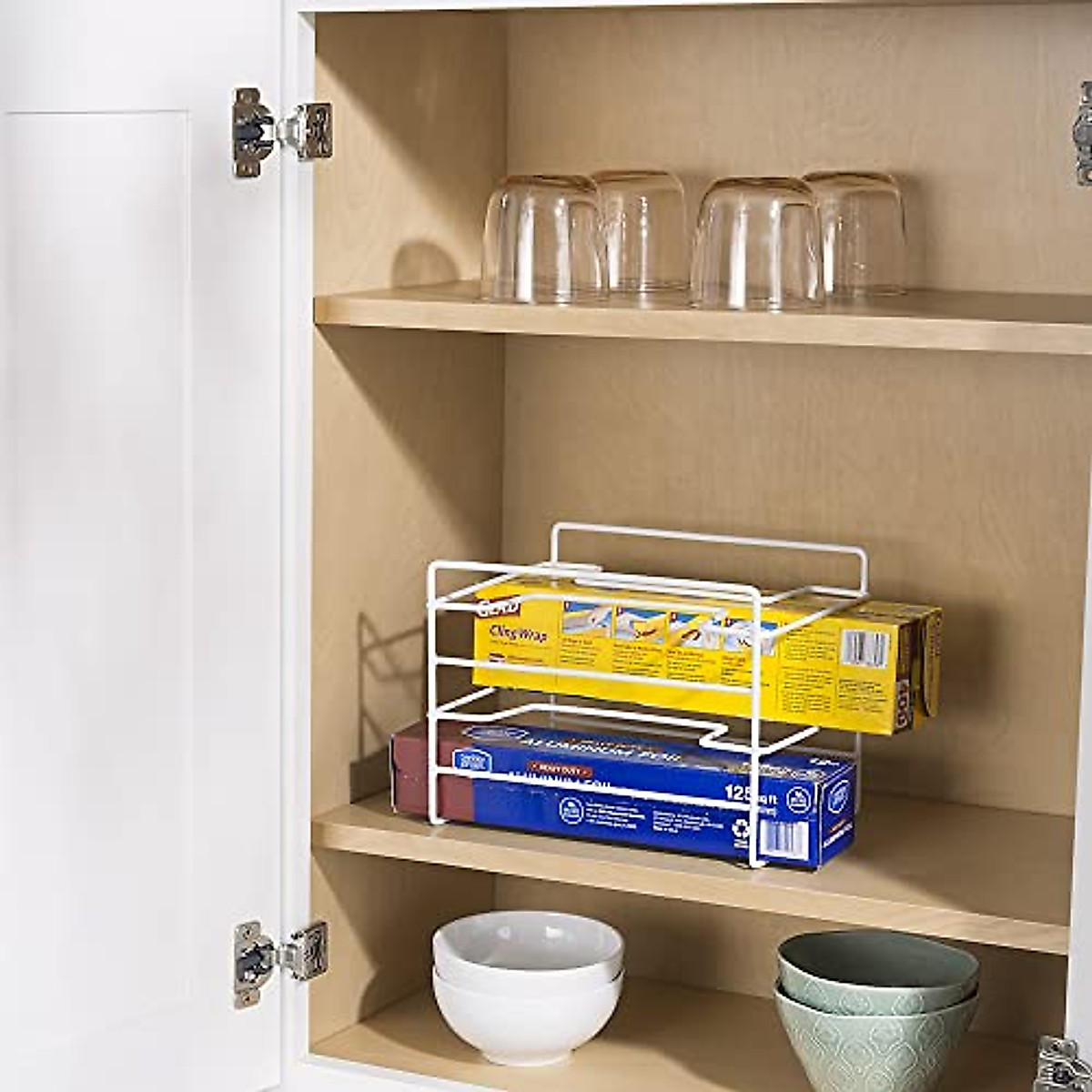 Home Basics 3 Tier Heavy Duty Kitchen Countertop or Cabinet Wrap Organizer for Food Wrap, Foil, Wax Parchment Paper, Plastic Bags White Finish