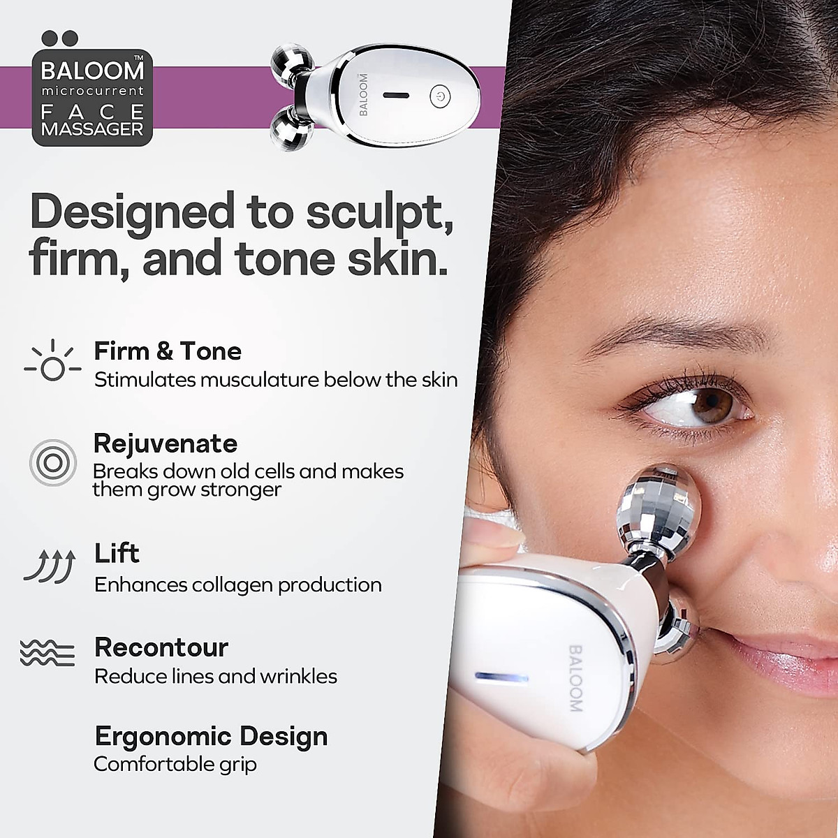 Baloom Microcurrent Facial Massager, Facial Roller - Skin Tightening Care for Women and Men - Face Wrinkle Removal, Anti Aging, Skin Rejuvenation, Lift, Acne Spot Treatment - 10 Minutes A Day.