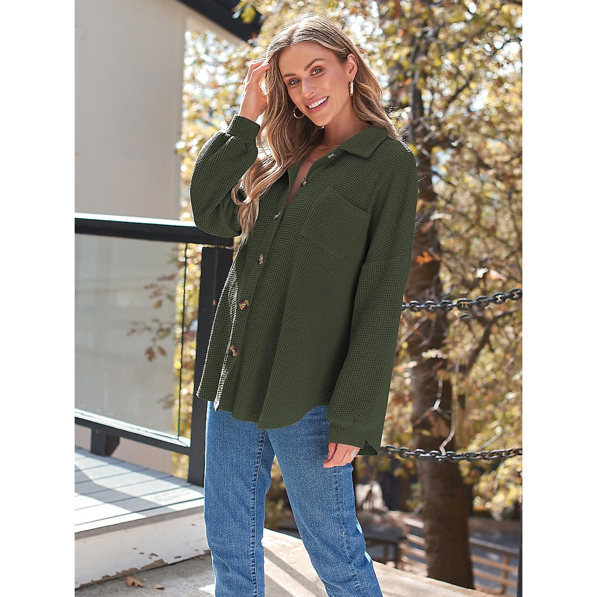 AUTOMET Womens Fall Cothes 2025 Fashion Country Concert Outfits Waffle Knit Shackets Corduroy Jackets Button Down Shirts Tops ArmyGreen L