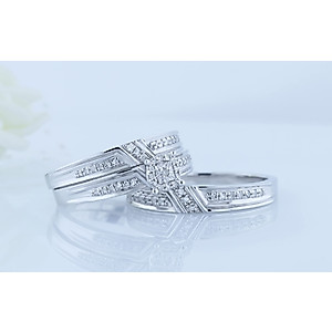 Dazzlingrock Collection 0.35 Carat (ctw) Round White Diamond Illusion Framed Wedding Trio Ring Set in 925 Sterling Silver, Women size 7 & Men size 10