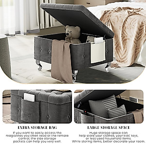 DKLGG Large Square Storage Ottoman Tufted, Oversized Ottoman Coffee Table for Living Room, Velvet Upholstered Ottoman with Storage, Grey Ottoman Bench for Bedroom