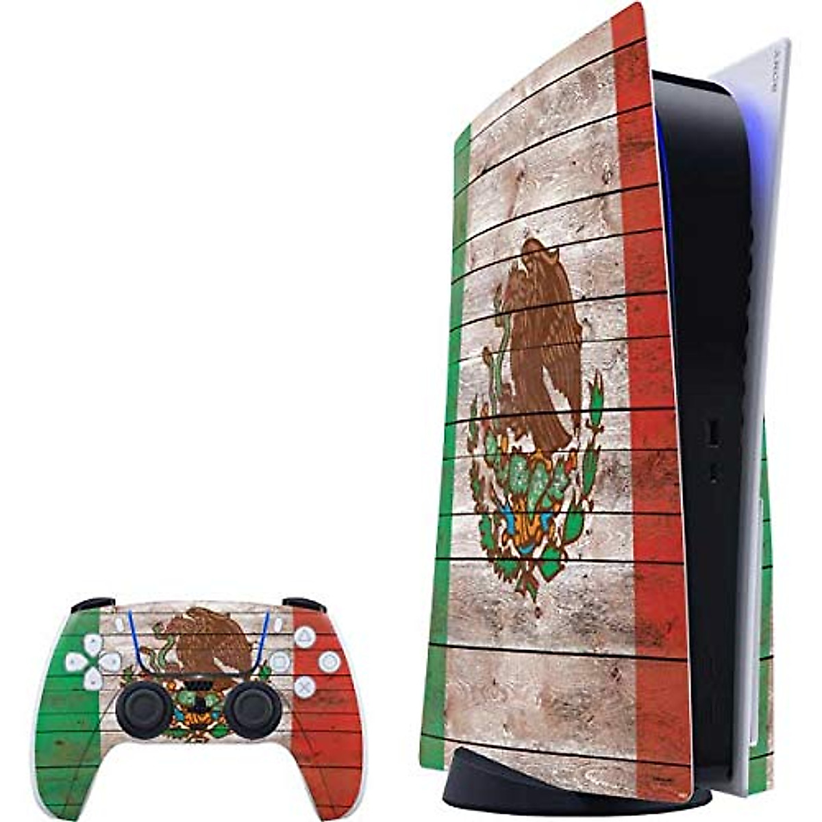 Skinit Decal Gaming Skin Compatible with PS5 Bundle - Mexican Flag Dark Wood Design