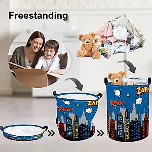 Clastyle 45L Large Blue City Hero Skyline Kid Laundry Hamper with Handle Comic Hero Building Silhouettes Clothes Toy Boys Basket with Lid for Nursery