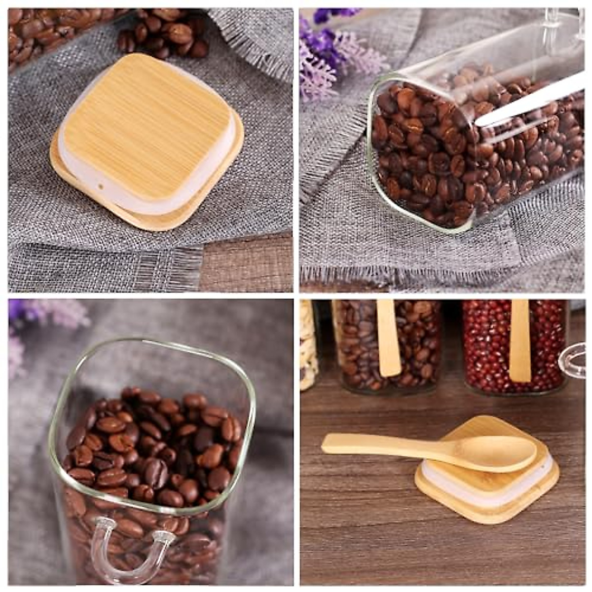 SAIOOL Glass Jars Set of 3 * 15 OZ-Food Storage Containers Clear Kitchen Canister with Bamboo Spoon Airtight For Serving Candy,Coffee Tea, Flour, Sugar, Cookie, Cereal(Square